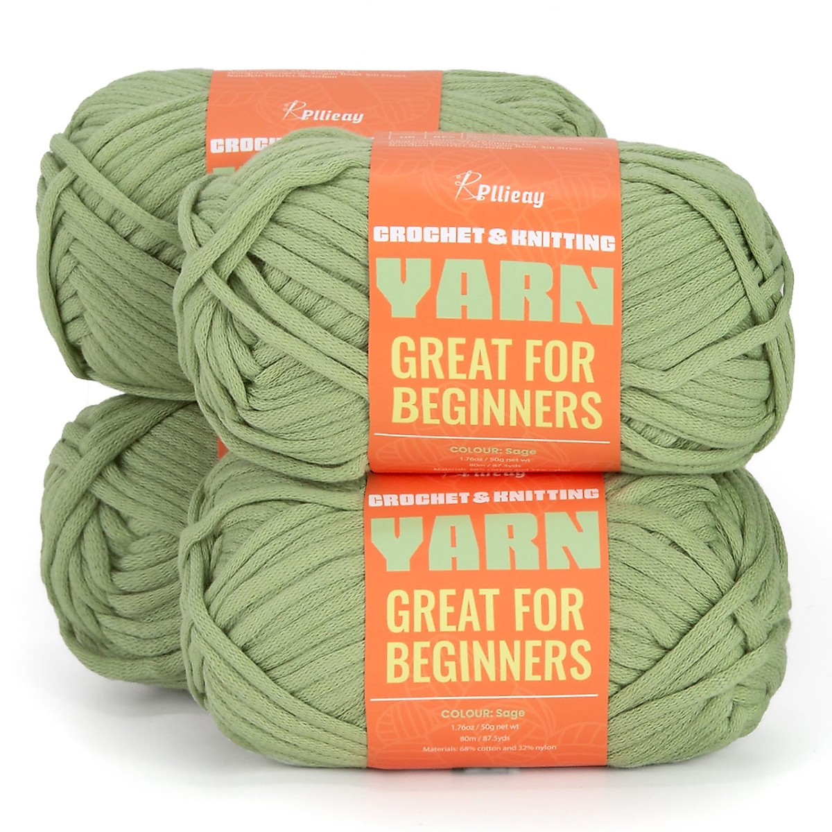 Pllieay Sage Yarn for Crocheting and Knitting (4x50g) Cotton Yarn for Crocheting Crochet Knitting Yarn with Easy-to-See Stitches Yarn for Beginners - Worsted Medium #4 Yarn - Cotton-Nylon Blend