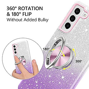 GUAGUA Compatible with Samsung Galaxy S21 FE 5G Case 6.4 Inch Glitter Sparkle Bling Cover for Girls Women with Ring Holder Kickstand Shockproof Protective Case for Galaxy S21 FE, Gradient Purple