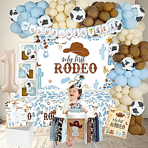 YJDFWAUT Cowboy 1st Birthday Party Decorations, My First Rodeo Birthday Party Supplies, Cowboy 1st Birthday Balloon Arch Balloon Box Photo Banner Highchair Banner Crown foy Baby Boy 1st Birthday