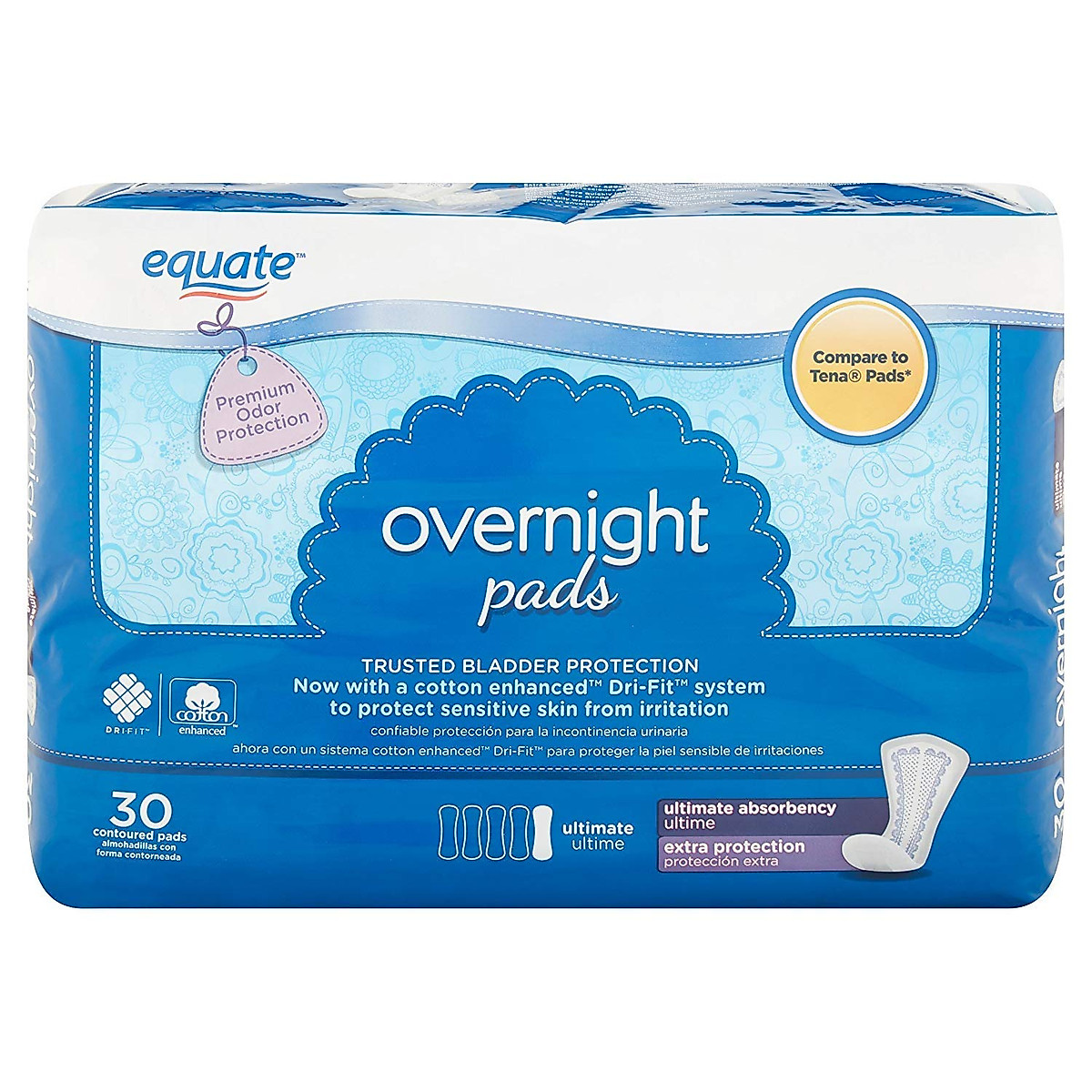 Equate Overnight Ultimate Absorbency Pads, 30 Count