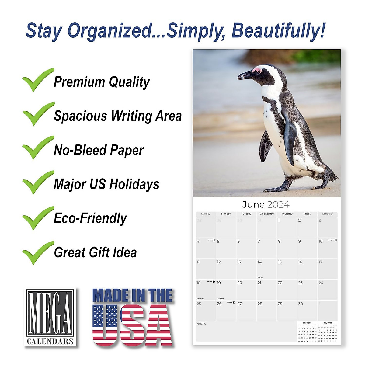 2023 2024 Penguin Calendar - Cute Wildlife Sealife Monthly Wall Calendar - 12 x 24 Open - Thick No-Bleed Paper - Giftable - Academic Teacher's Planner Calendar Organizing & Planning