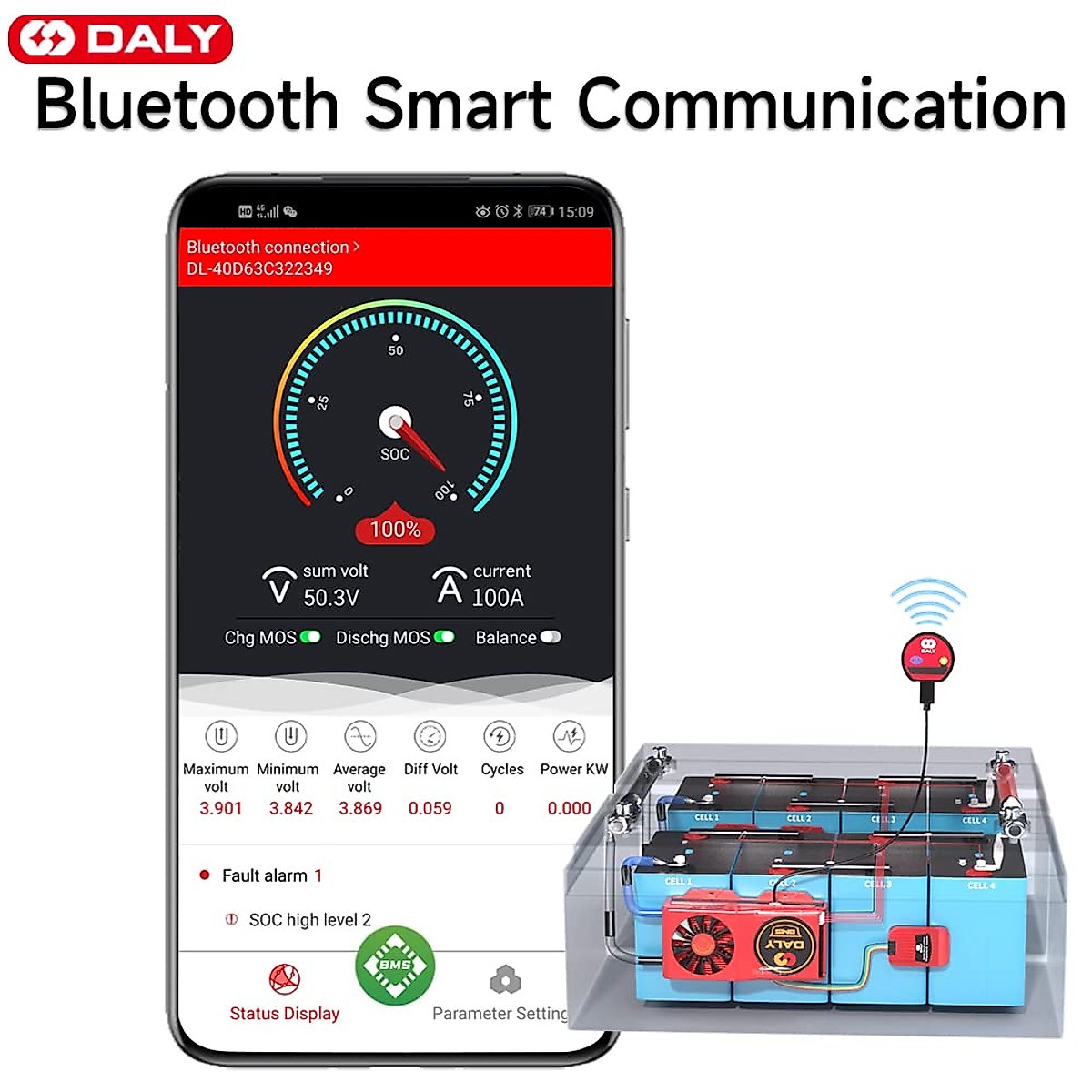 DALY BMS Parallel Connector 1A+ LiFePo4 16S BMS 48V 150A with Cooling Fan UART RS485 CAN Bluetooth BMS Parameter Programmable for Rated 3.2V Lithium Power Bank Storage Off Grid Solar System
