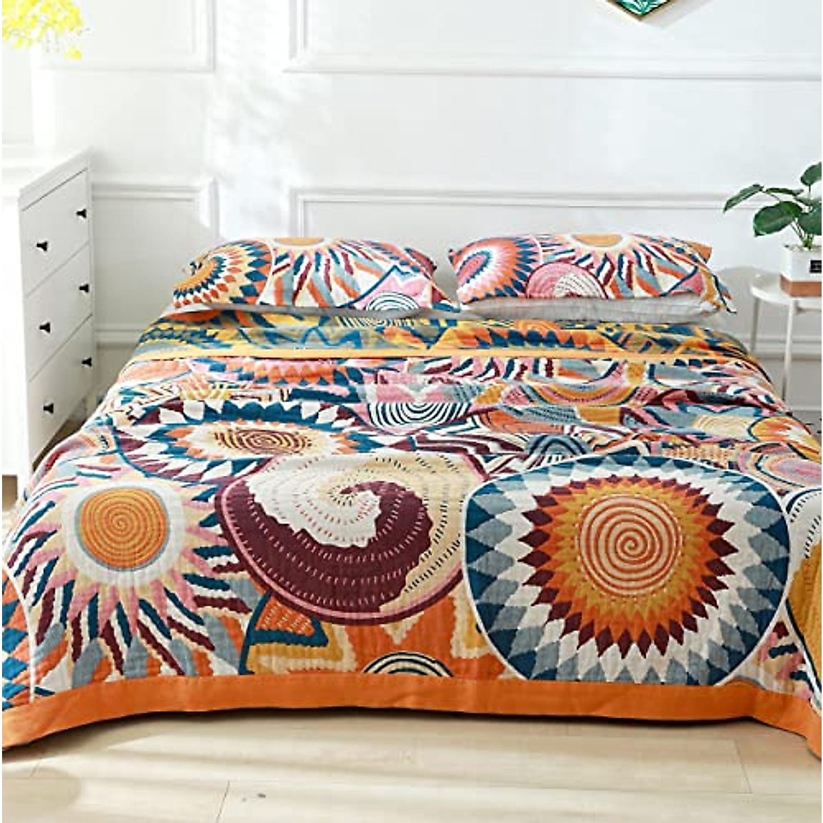 MEJU The Sun Round Bohemia Geometry Muslin All Season Blanket for Bed Sofa Couch, 100% Combed Cotton 4 Layer Soft Warm Quick Dry Throw Blanket Bed Coverlet Sheet (Round, Twin 59" X 78")