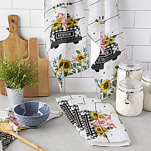 Kitchen Towels Truck with Pig Dish Towel Sunflower Farmhouse Black Buffalo Check Plaid Wood Grain Dishcloths 18x28 Inches Absorbent Soft Cotton Dish Cloths Bar Towels & Tea Towels