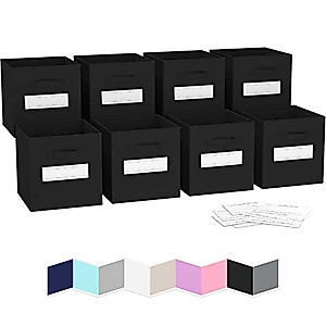Royexe Storage Cubes - 11 Inch Cube Storage Bins (Set of 8). Features Large Label Window & Dual Handles & Fabric Cubby Organizer Baskets | Foldable Closet Shelf Organization Boxes (Black)