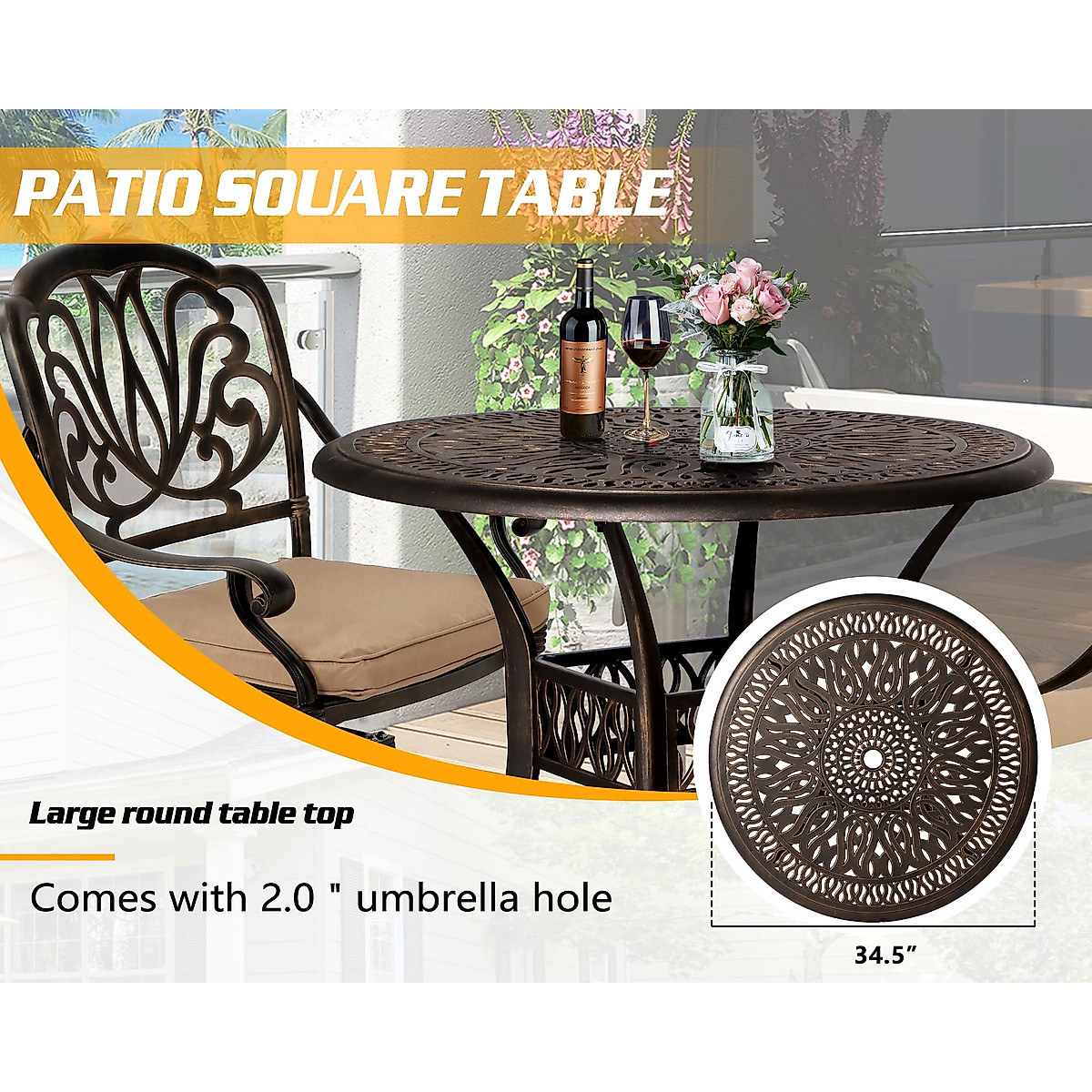 TITIMO 5-Piece Outdoor Patio Dining Set, Cast Aluminum Furniture Set All-Weather Includes Khaki Cushions and 35.4" Round Table with Umbrella Hole for Yard Garden Deck (Khaki)