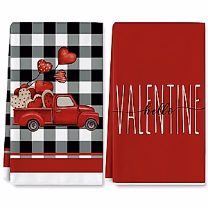 AnyDesign Valentine's Day Kitchen Towel 18 x 28 Love Truck Hearts Dish Towel Buffalo Plaid Hand Drying Towel Red Tea Towel for Wedding Anniversary Cooking Baking, Set of 2