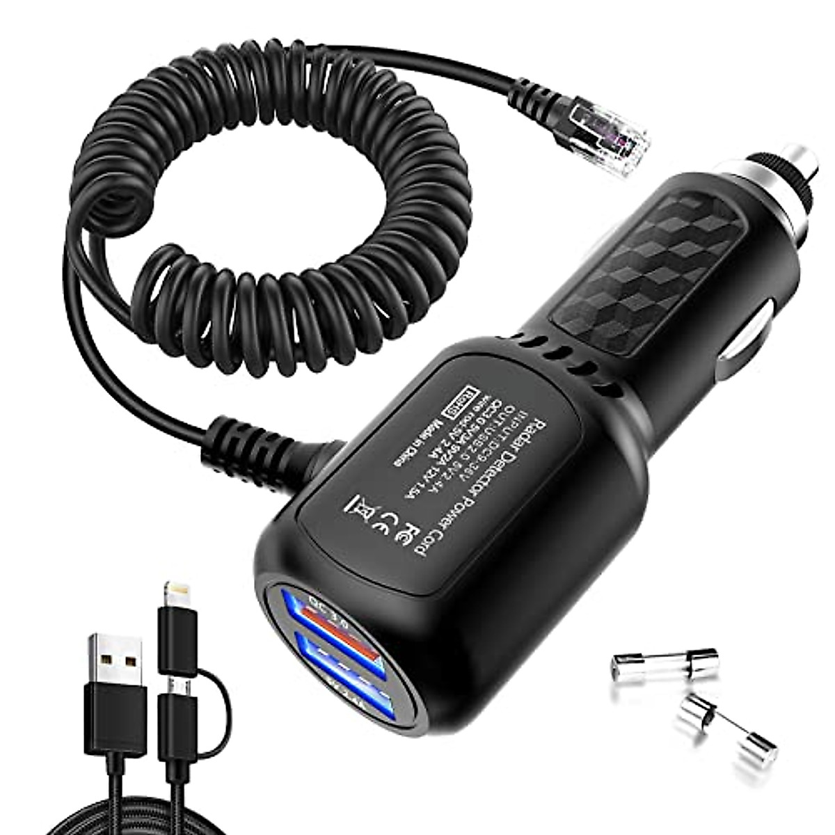 Radar Detector Power Cord,for Uniden Escort Valentine Beltronics Passport Cobra etc Radar Detector,with Dual USB QC3.0 Quick Charger (RJ11)