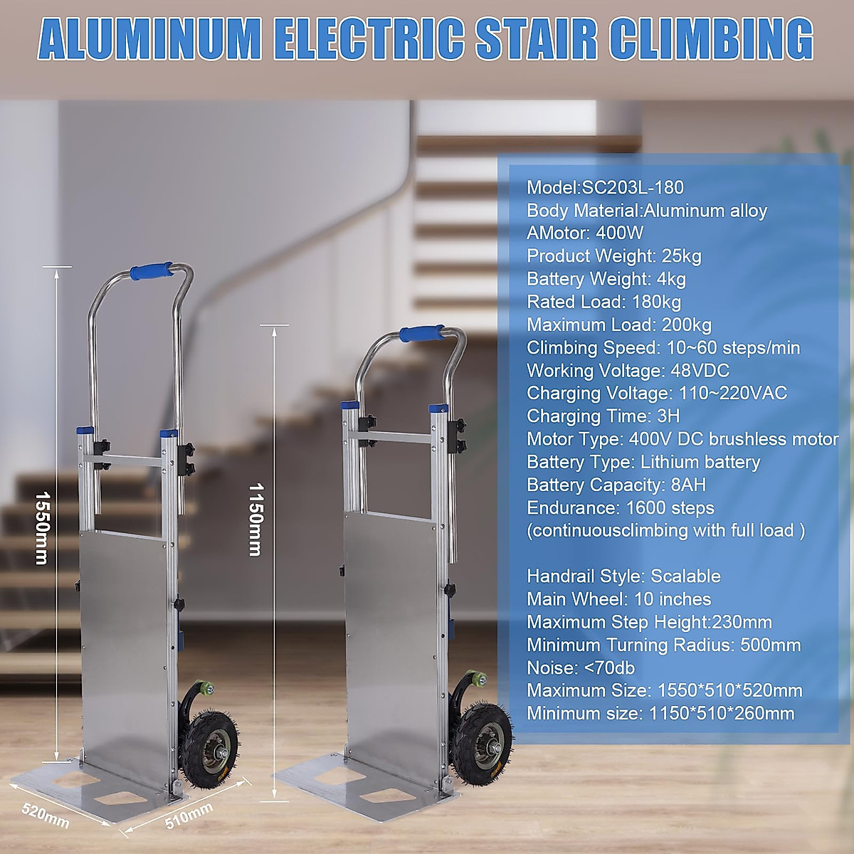 ZLPOWER Electric Stair Climbing Hand Trucks Heavy Duty Dolly Cart for Moving 440lb Max Capacity Power Folding Furniture Climber Trolley Motor Battery Powered for Family Removal (Silver-Model A)