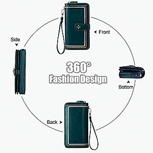 GSG Womens Wallet - ID Credit Card Holder for Women, Long Wristlet Leather Zipper Wallet with RFID Blocking, Teal Ladies Wallet with Large Capacity