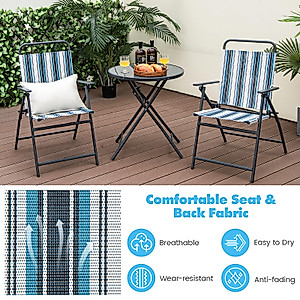 Giantex 3 Pcs Patio Bistro Set, Folding Table and Chairs Set, Metal Outdoor Dining Set with 2 Chairs, Glass Round Side Table, Conversation Furniture Set for Yard Porch Deck Backyard