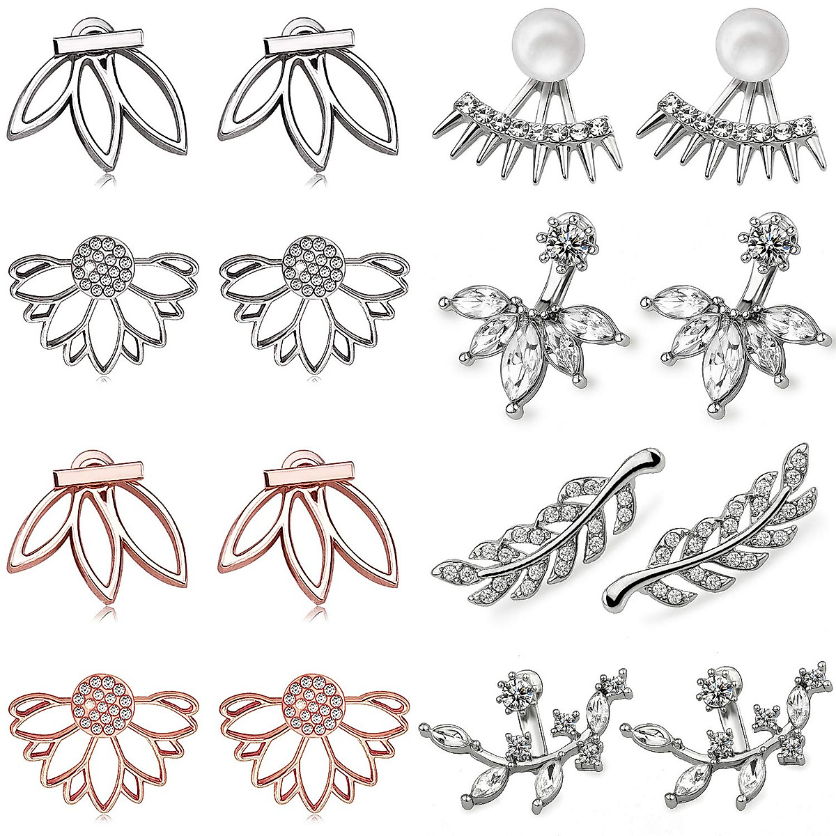 Suyi Fashion Hollow Lotus Flower Earrings Crystal Simple Chic Stud Earrings Set 8 Pairs