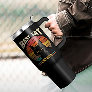 Best Cat Dad Mug Insulated Cat Paw Cup, 40 Oz Black Cat Tumbler with Handle and Straw, Black Cat Mug Double Wall Stainless Steel Cat Dad Cup, Best Cat Dad Ever Tumbler and Cat Dad Gifts for Men
