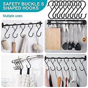 S Hooks for Hanging, Heavy Duty S Hooks with Safety Buckle, 8pcs Small Metal S Shaped Hook for Hanging Plants,Pots, Closet, Kitchen Utensil, Clothes, Jeans, Baskets, Christmas Hanging Lights Black