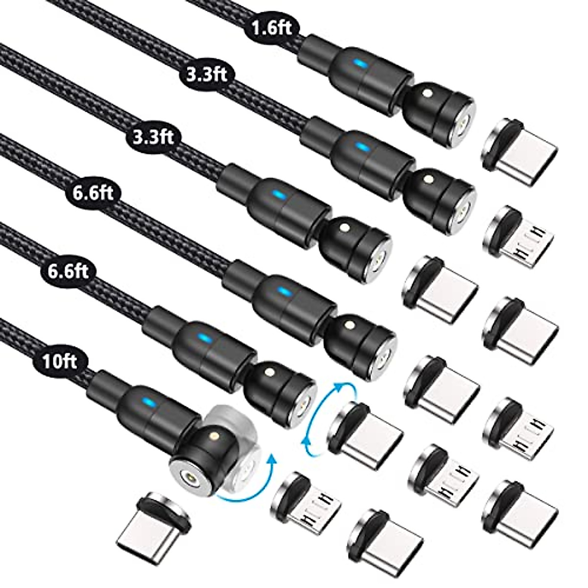 Melonboy 360°&180° Rotation Magnetic Charging Cable[6-Pack, 1.6ft/3.3ft/3.3ft/6.6ft/6.6ft/10ft], Magnetic Phone Charger, 3 in 1 Magnetic Cable Compatible with Micro USB, Type C - Black