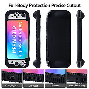 Teyomi Silicone Case for Nintendo Switch OLED with 2 Game Cards Slots, [Kids Friendly] Shockproof Protective Cover with Tempered Glass Screen Protector, Ergonomic Grip Case for Switch OLED, Black