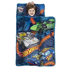 Hot Wheels Race Car Toddler Nap-Mat - Includes Pillow & Fleece Blanket – Great for Boys and Girls Napping at Daycare, Preschool, Or Kindergarten - Fits Sleeping Toddlers and Young Children