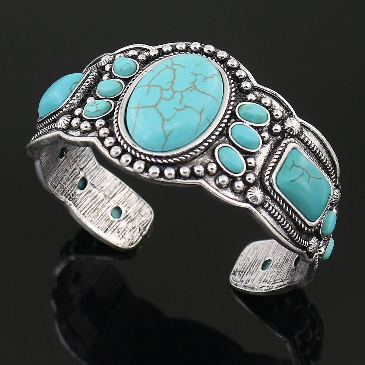 jianxi Women's Antique Rgentium Plated Base Heart Compressed Turquoise Bracelet Cuff Bangle Fashion Jewelry (1323-A)