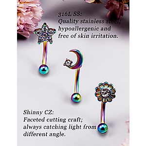 12Pcs 16G Rook Piercing Jewerlry Surgical Steel Eyebrow Piercing Jewelry Flower Crystal Heart CZ Moon Shape Eyebrow Rings Snake Eyes Rook Earrings for Women Men Tongue Retainer,Purple curved Barbell