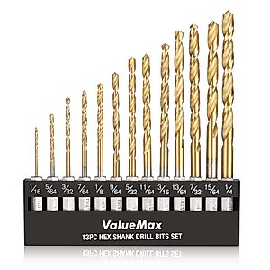 ValueMax Drill Bit Set, Hex Shank Impact Drill Bits with Storage Box, Titanium Coated HSS Twist Drilling Bit Kit for Soft Metal, Wood, PVC, Quick Change Design(13PC, 1/16"-1/4")