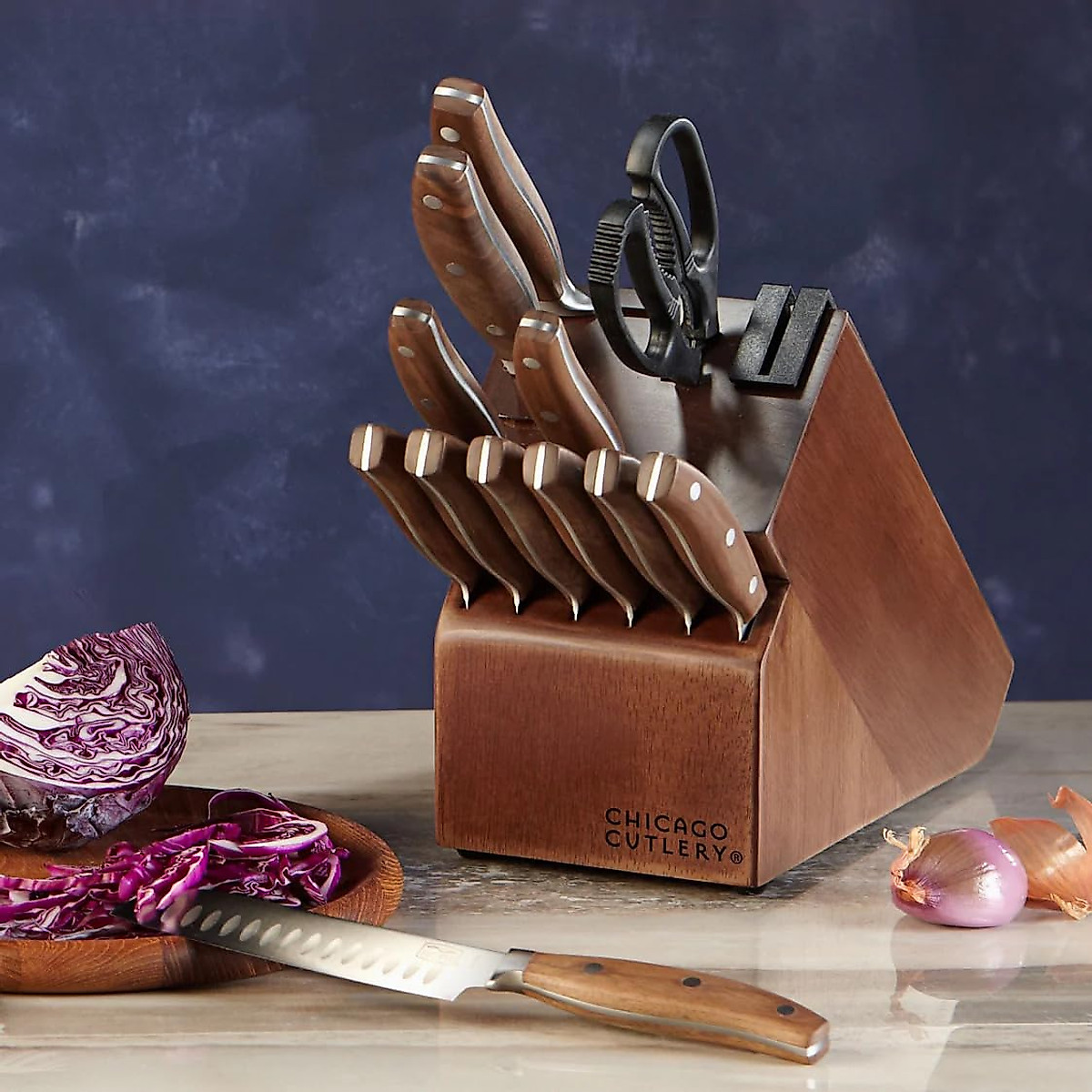 Chicago Cutlery Signature Edge Steel 13-Piece Kitchen Knife Block Set With Wooden Block & Built-In Sharpener, Ergonomic Handles and Stainless Steel Professional Chef Knife Set & Scissors in Walnut