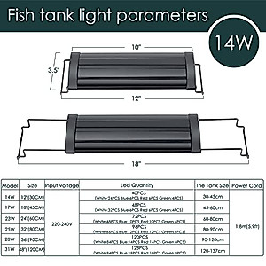AQQA Aquarium Light,Full Spectrum LED Fish Tank Lights,12"-54" Adjustable Multi-Color White Blue Red Green LEDs with Extendable Brackets,14W-31W for Freshwater Plants 14W(12"-18")