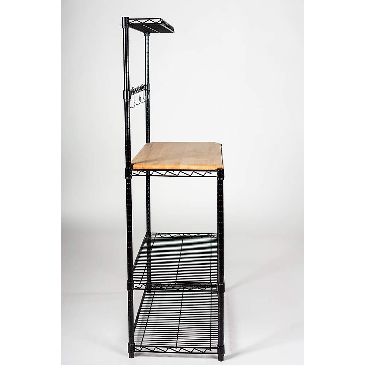 Omega 18" Deep x 42" Wide x 74" High Deluxe Black Bakers Rack with Top Shelf & Butcher Block