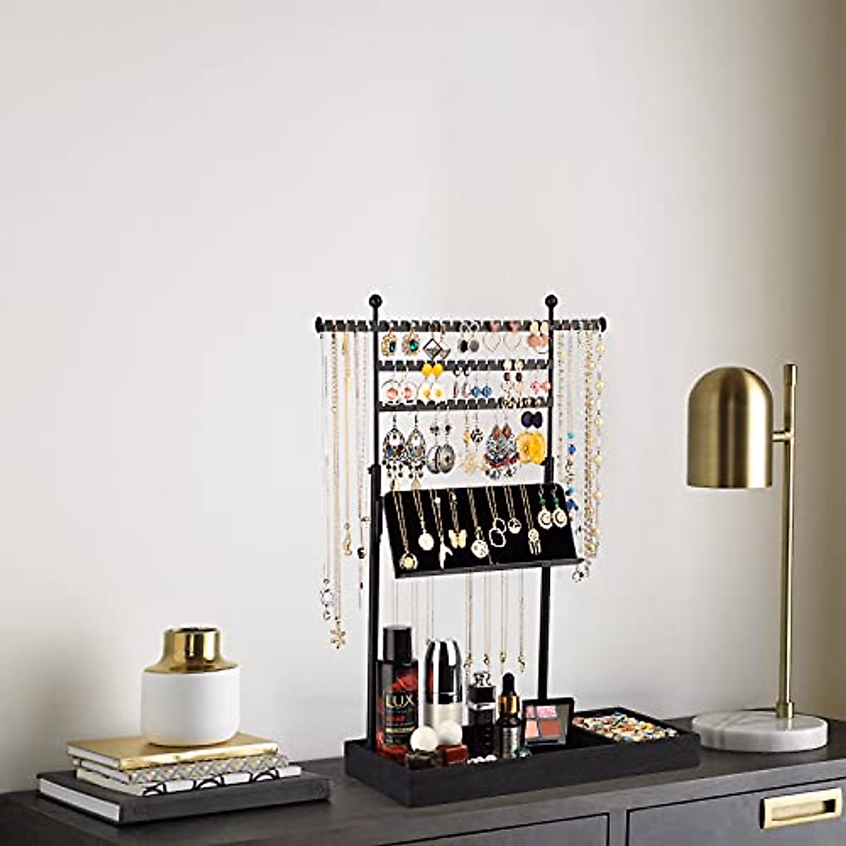 SOLIMINTR Jewelry Organizer, Jewelry Stand with Necklace Display Holder 3 Tier Earring Organizer Rustic Wood Base Tray with Ring Stand Jewelry Storage Tower for Women Girls Gift