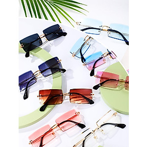 Weewooday 8 Pairs Vintage Rimless Rectangle Sunglasses Tinted Lens Gold Metal Frameless Eyewear Sunglasses for Women Men