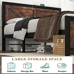 DOGIBIXO Led Bed Frame King Size with Charging Station, Industrial Platform Bed Frame with Rustic Barn Door Wood Headboard, Strong Metal Slats Support, Noise Free, No Box Spring Needed, Brown