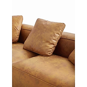 Mido Mido 142” Wide 5 Seater Sofa Filled with Feather and Foam, Modern Air Leather Large Sectional Sofa Couch, Waterproof, Dust-Proof Sofa Set for Living Room Apartment Home Hotel (Cognac Tan)