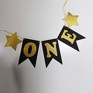 Hongkai Black Glitter ONE Banner 1st Birthday Decorations Highchair Banner Baby Birthday ONE Banner One High Chair Sign Baby First Birthday One Photo Prop Party Supplies