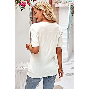 Arach&Cloz Womens Fashion Spring Summer Tops 2023 Trendy Short Sleeve Sweaters V Neck Lightweight Thin Knit Pullover (Off White, Small)