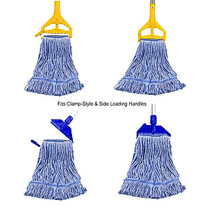 GRAREND Mop Head Replacement for Heavy Duty Commercial Mops for Floor Cleaning, Wet Industrial Blue Cotton Looped End String Head Refill (Pack of 4)