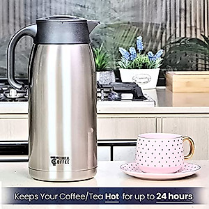 Coffee carafe & Tea carafe in one. 68oz 12hr heat retention ideal for coffee carafes for keeping hot, 24hr cold retention. Thermal Stainless Steel double walled insulated carafe. Infuser & Brush Incld