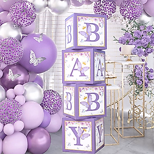 DataMoon Purple Butterfly Baby Shower Boxes Decorations - 4 Purple Balloons Boxes with BABY Letter, Printed Letters,First Birthday Centerpiece Decor, Baby Blocks for Girl, Gender Reveal Backdrop