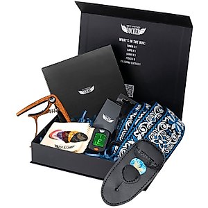 Stage Rocker Guitar Accessories Gift Box for Acoustic and Electric Guitars, Blue Jacquard Weave Guitar Strap, Picks, Capo, Tuner, Cleaning Cloth, 5-in-1 Essential Gift
