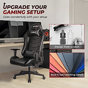 N-GEN Gaming Chair Computer Ergonomic Office Adjustable Lumbar Support Racing Style High Back Desk Headrest Swivel Executive E-Sports Video Game PC Leather Height Reclining (1. Black)