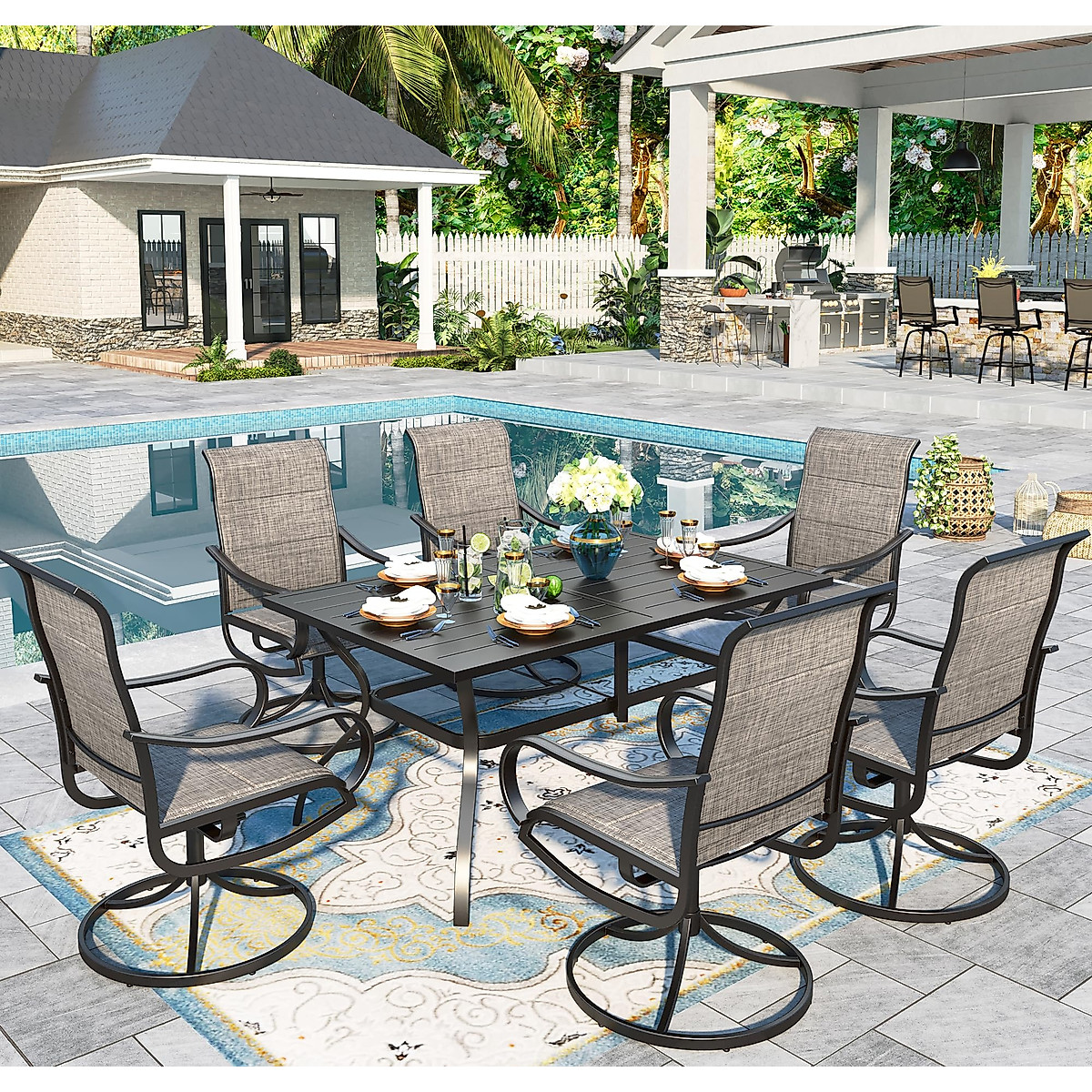 Sophia & William Patio Dining Set 7 Pieces Outdoor Metal Furniture Set, 6 x Patio Dining Swivel Chairs Padded with 1 Umbrella Table 6 Person for Lawn Garden