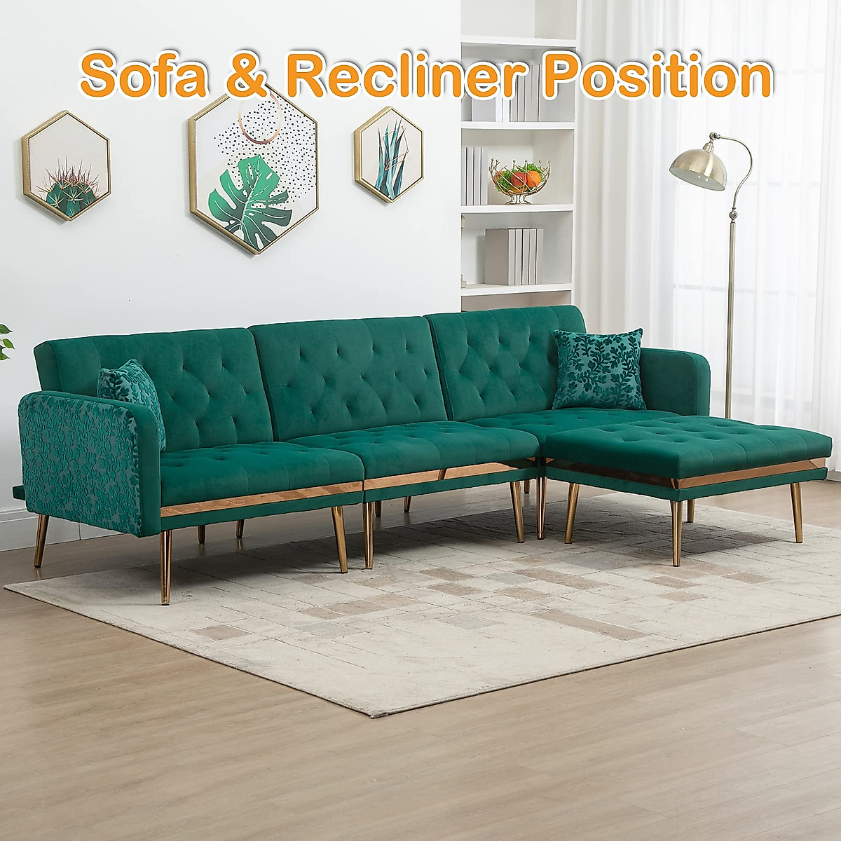 Pvillez Sectional Sofa Futon Sofa Bed Convertible Sleeper Sofa Couch w/Chaise Lounge,Ottoman L-Shape Convertible Couches for Living Room Button Tufted Back Velvet Couch w/Golden Legs