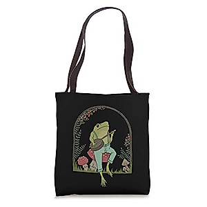 Cottagecore Aesthetic Frog Playing Banjo on Mushroom Cute Tote Bag