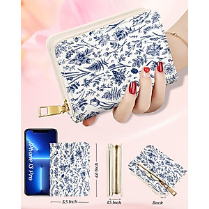 Bistup Credit Card Holder Wallet for Women - Cute Leather Ladies Teen Girls Female Cardholder Wallets Accordion Purse Small Medium Aesthetic Print Blue Floral Unique Modern Rfid Zipper Around