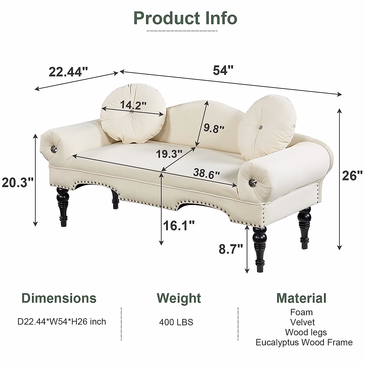 Vanress 54''Loveseat Sofa,Small Couch for Living Room,Mid Century Modern Velvet Love Seats Sofa Settee with 2 Round Pillows and Solid Wood Legs,Upholstered 2-Seater Small Couch for Small Space,Bedroom