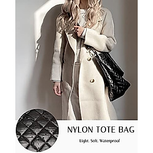 Hsitandy Quilted Tote Bag for Women,Weekender Bag,Light Nylon Quilted Crossbody Shoulder Bag for Travel,Work(Black)