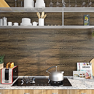 FunStick 6"x36" 10 Pcs Vinyl Flooring Peel and Stick Floor Tile Bathroom Dark Brown Wood Sticky Floor Tiles Peel and Stick Wood Planks for Walls Waterproof Peel n Stick Flooring for Kitchen Bedroom