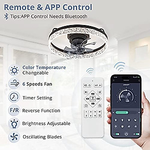 LEDIARY 20 Inch Modern Ceiling Fans with Lights and Remote, Oscillating Low Profile Ceiling Fan, Flush Mount Bladeless LED Ceiling Fan, Dimmable, Stepless Color Changeable, 6 Wind Speeds - Black