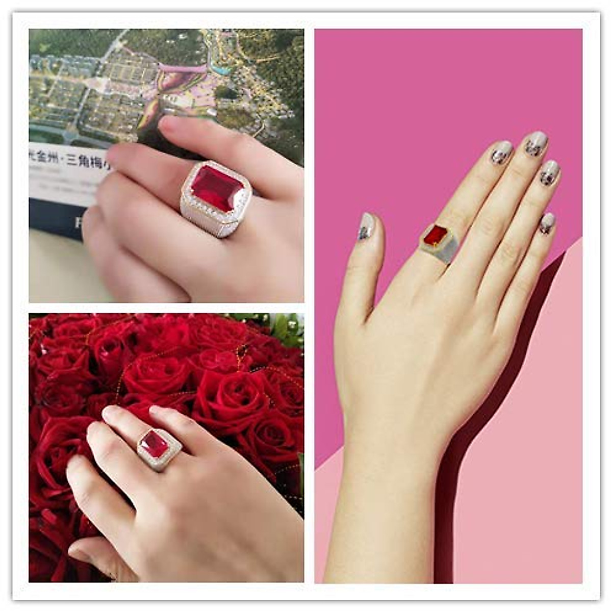 Uloveido Men's Emerald Cut Red Cubic Zirconia Ring with Wide Band Dainty Birth-stone Ring Birthday Father's Day Gifts Idea for Men Husband (Size 12) RA408