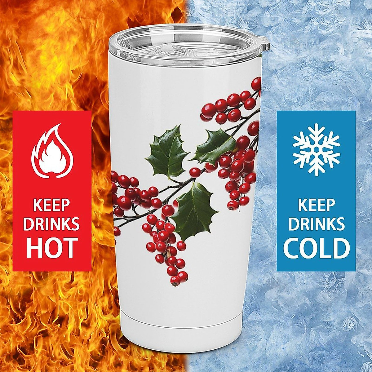 20 Oz Tumbler With Straw Leak Proof Thermos Cup, Holly Berry Branches Stainless Steel Insulated Travel Coffee Mug Fit for Car Cup Holder