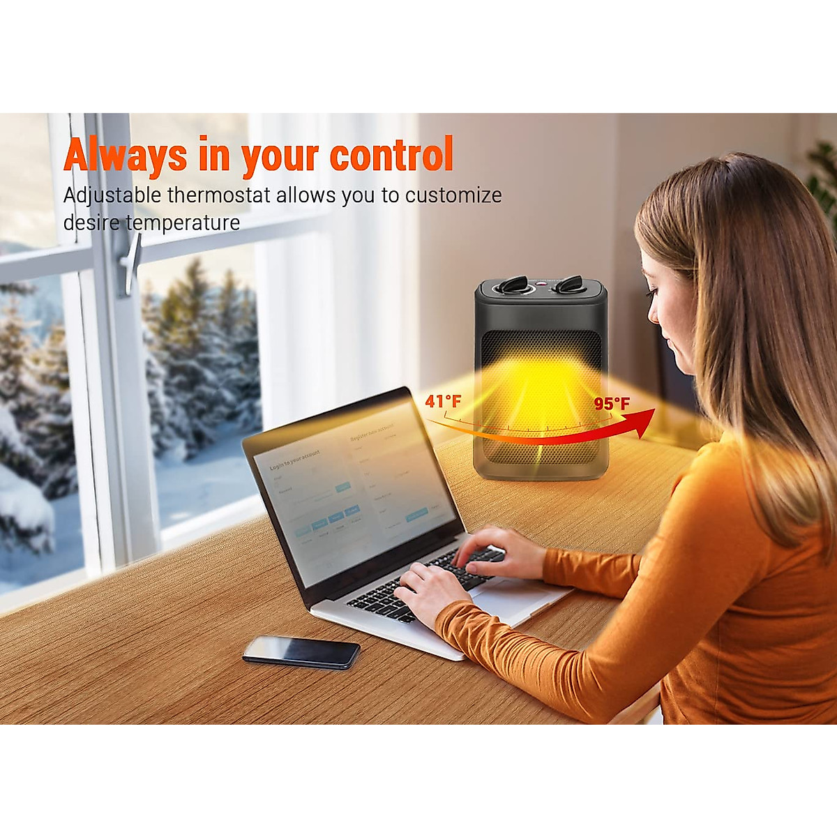 Space Heater, 1500W Heaters for Indoor Use with Thermostat, 1s Fast Heating Portable Electric Heater with 4 Modes, Small Ceramic PTC Room Heater with Tip-Over and Overheat Protection for Home, Office