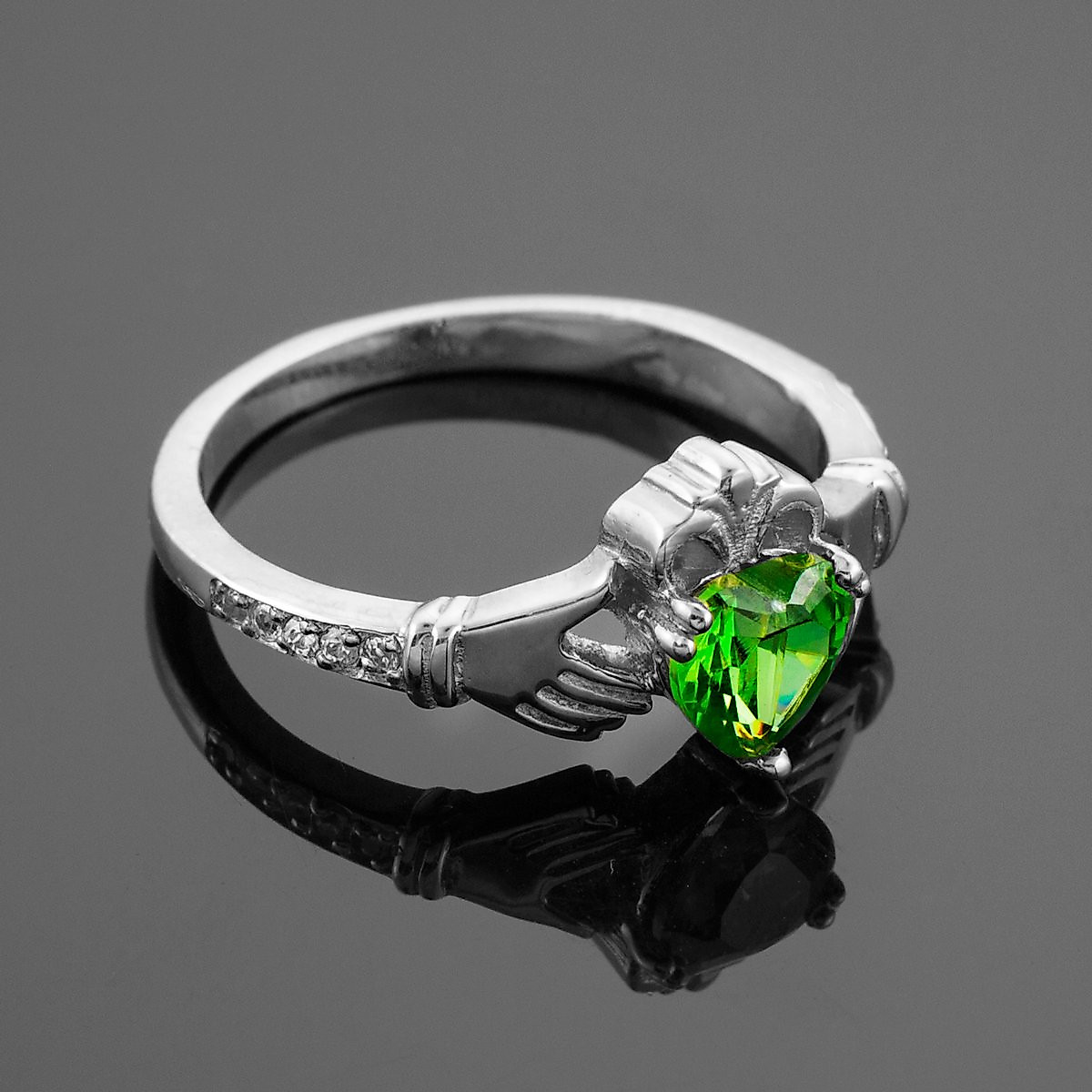 14k White Gold Emerald Green Heart CZ May Birthstone Claddagh Ring with Natural Diamonds (Size 6)